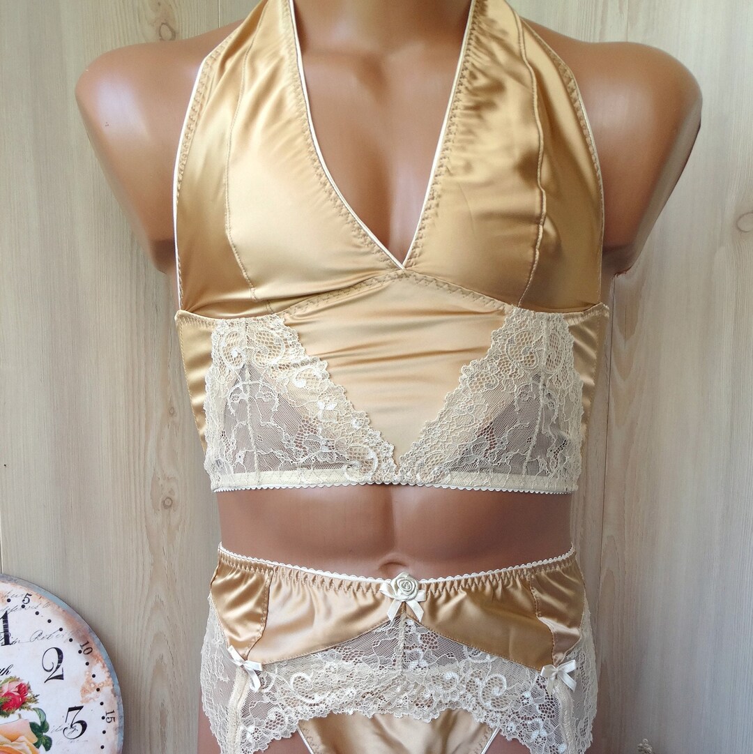 Gold Silk Sissy Lingerie Or Men Sissy Dress Satin Lingerie Garter