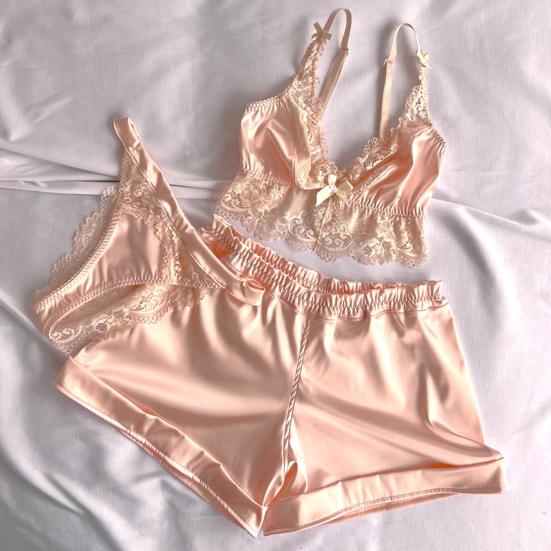 Pale Pink Peach Bralette Lace Silk Bra, Brazilian Panties and Silk ...
