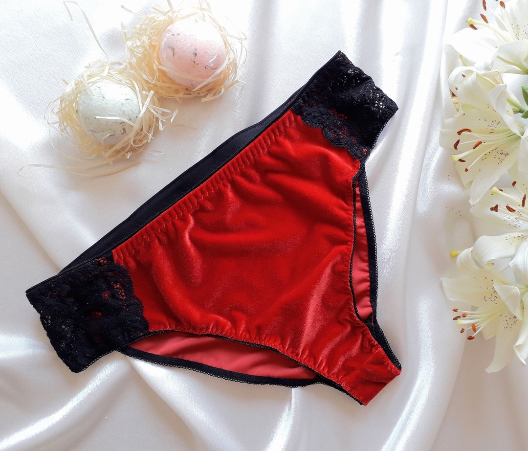 Women Velvet Bikini Knickers, Plus Size Red Lingerie, High Cut Briefs ...