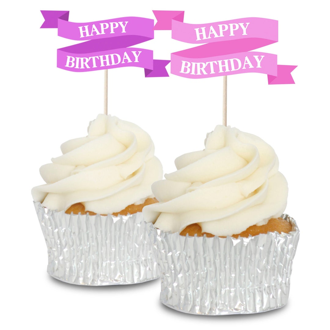 Happy Birthday Pink Banner Cupcake Toppers, Picks, Pics 12pk - Etsy