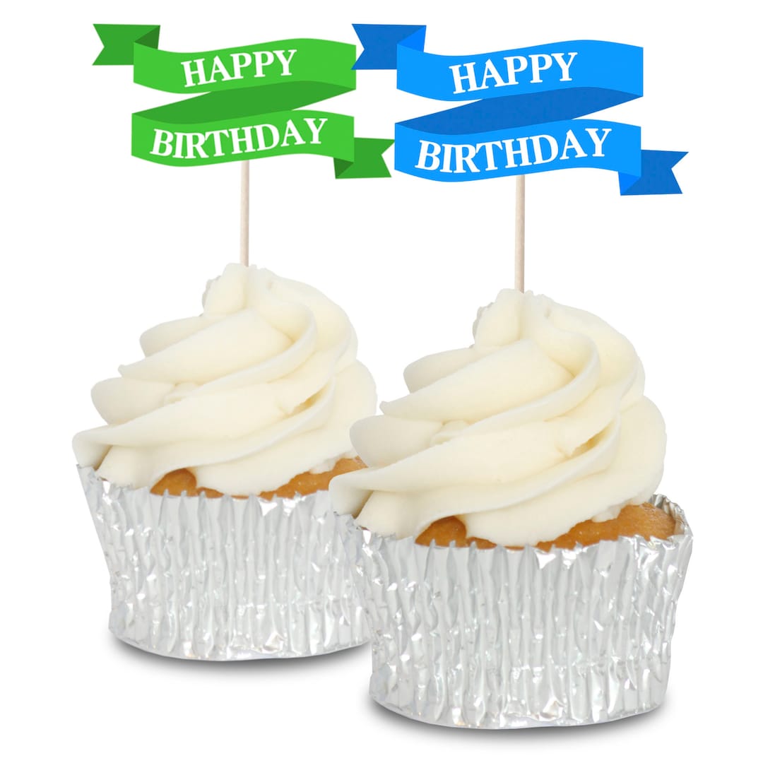 Happy Birthday Green & Blue Banner Cupcake Toppers, Picks, Pics 12pk - Etsy