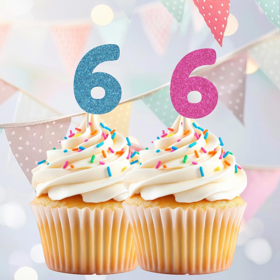 12 Pk Glitter Cupcake Toppers Number 6 Picks Birthday Cupcakes, 6 Years ...