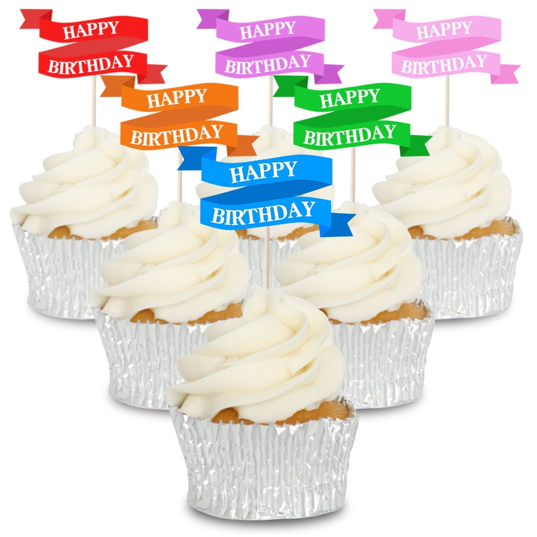 Happy Birthday Banner Cupcake Toppers Picks Pics 12pk - Etsy