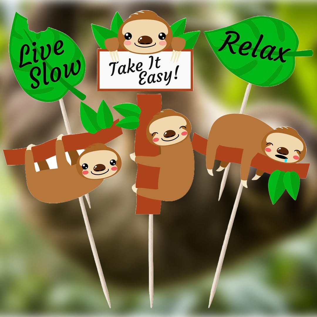 12 Sloth Cupcake Toppers Tops Picks Pics- 12/pk Lazy, Relax, Chill ...