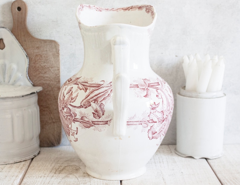 1800s Gorgeous Tall Antique NIMY Ironstone Pitcher, Pink Transferware ...