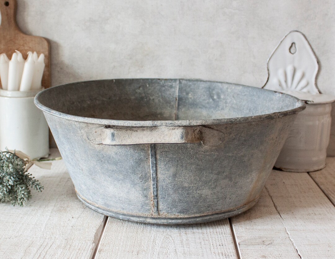 Vintage French Round Galvanized Basin - Etsy