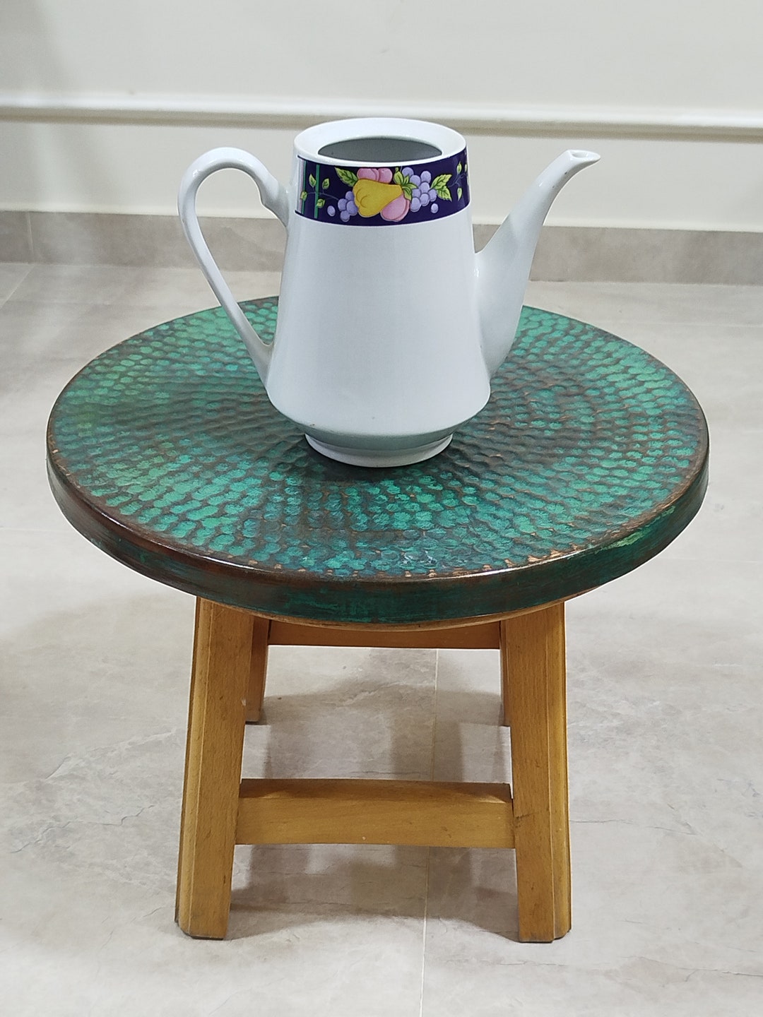 Handcrafted Hammered Copper Table Top: Green Patina Fire Art Furniture ...