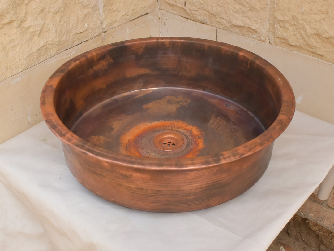 Round Satin Copper Sink Bathroom Smooth | Kitchen Sink, Solid Handmade ...