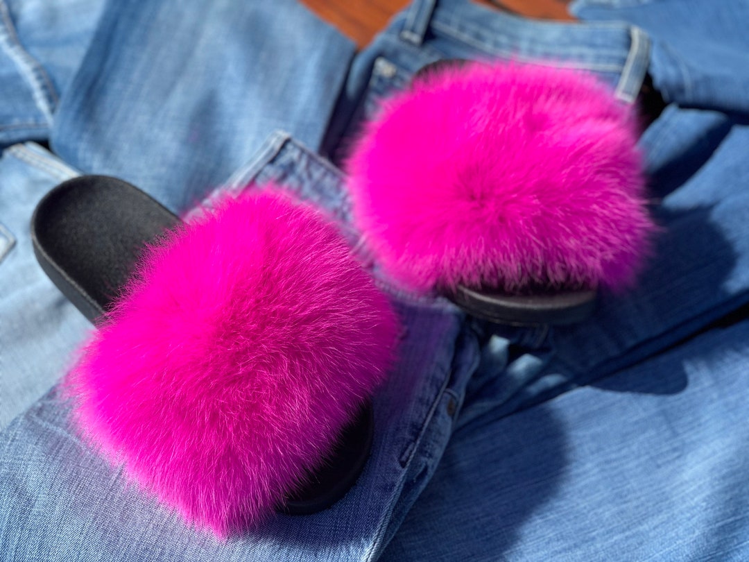 Fox Fur Slides Sandals Slippers Available in Many Colors - Bright Pink ...