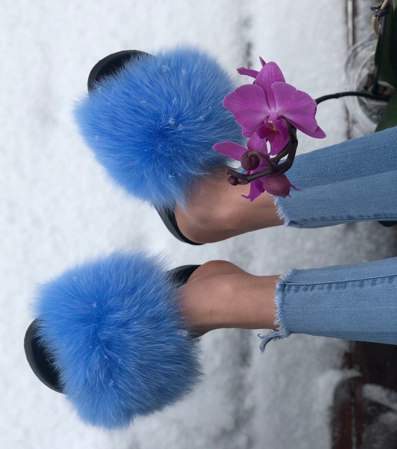 Fox Fur Slides Sandals Slippers Available in Many Colors - Blue- SIZE 6 ...