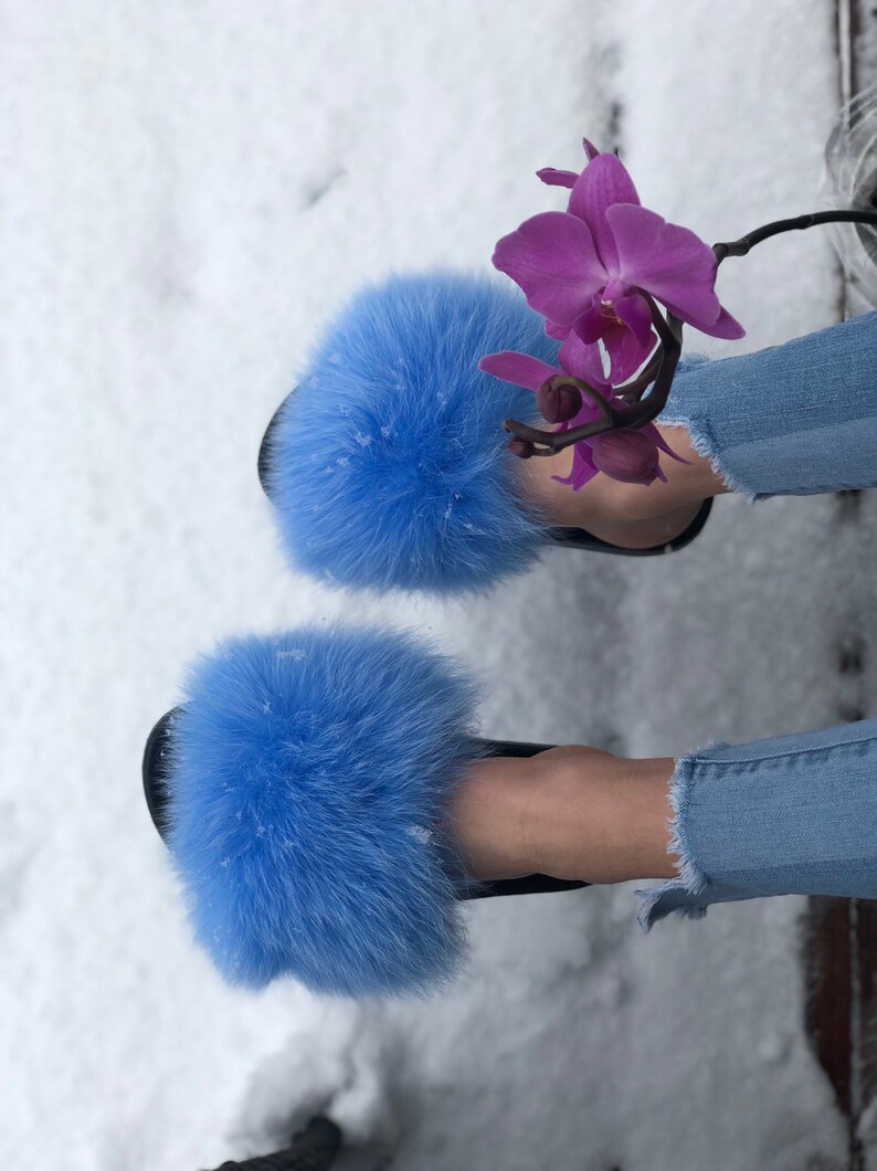 Fox Fur Slides Sandals Slippers Available in Many Colors - Blue- SIZE 6 ...