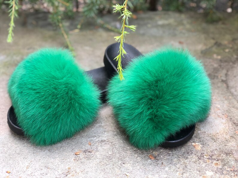 Fox fur slides sandals slippers available in many colors | Etsy