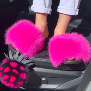 Fox Fur Slides Sandals Slippers Available in Many Colors - Bright Pink ...