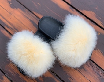 Fox Fur Slides Sandals Slippers Available in Many Colors | Etsy