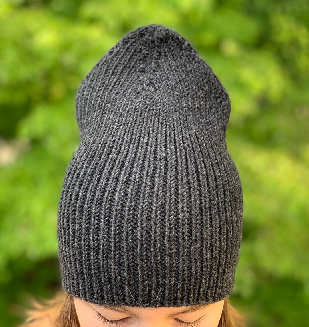 Ribbed Dark Grey Beanie Hat 100% Italian Wool Hat Handmade Knitted Hat ...