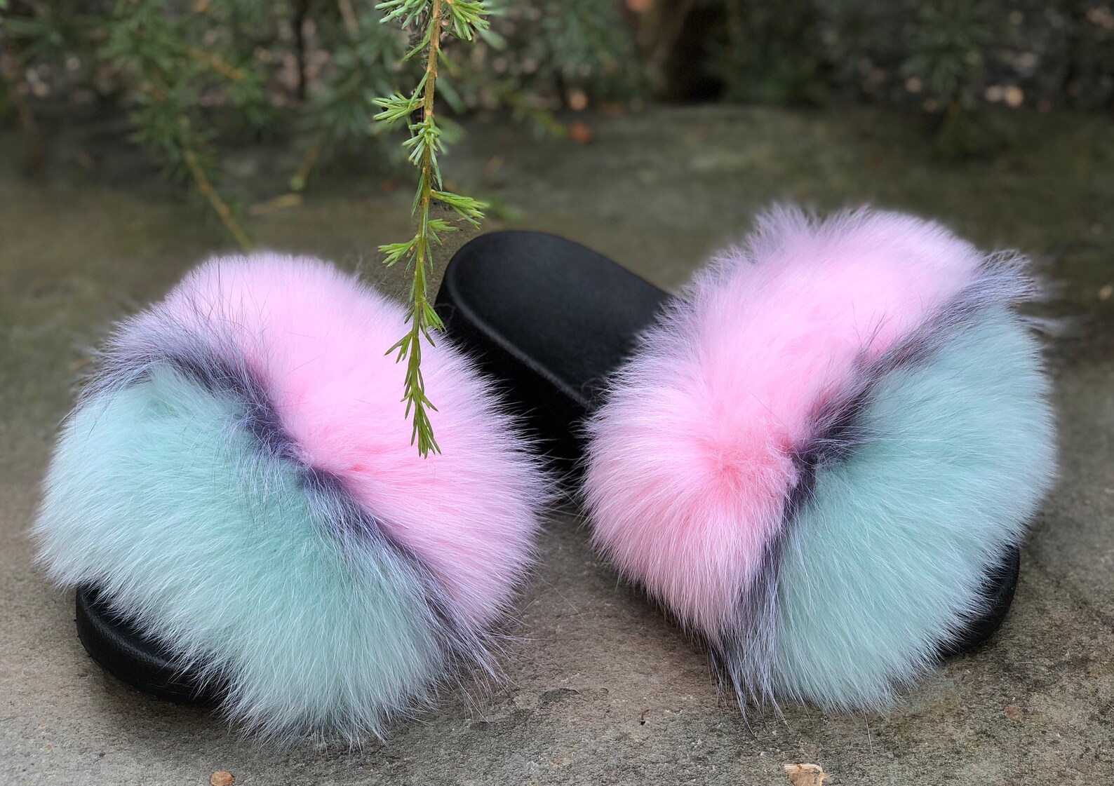 Fox Fur Slides Sandals Slippers Available in Many Colors | Etsy
