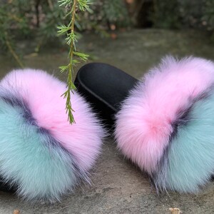 Fox Fur Slides Sandals Slippers Available in Many Colors - Pink / Mint ...
