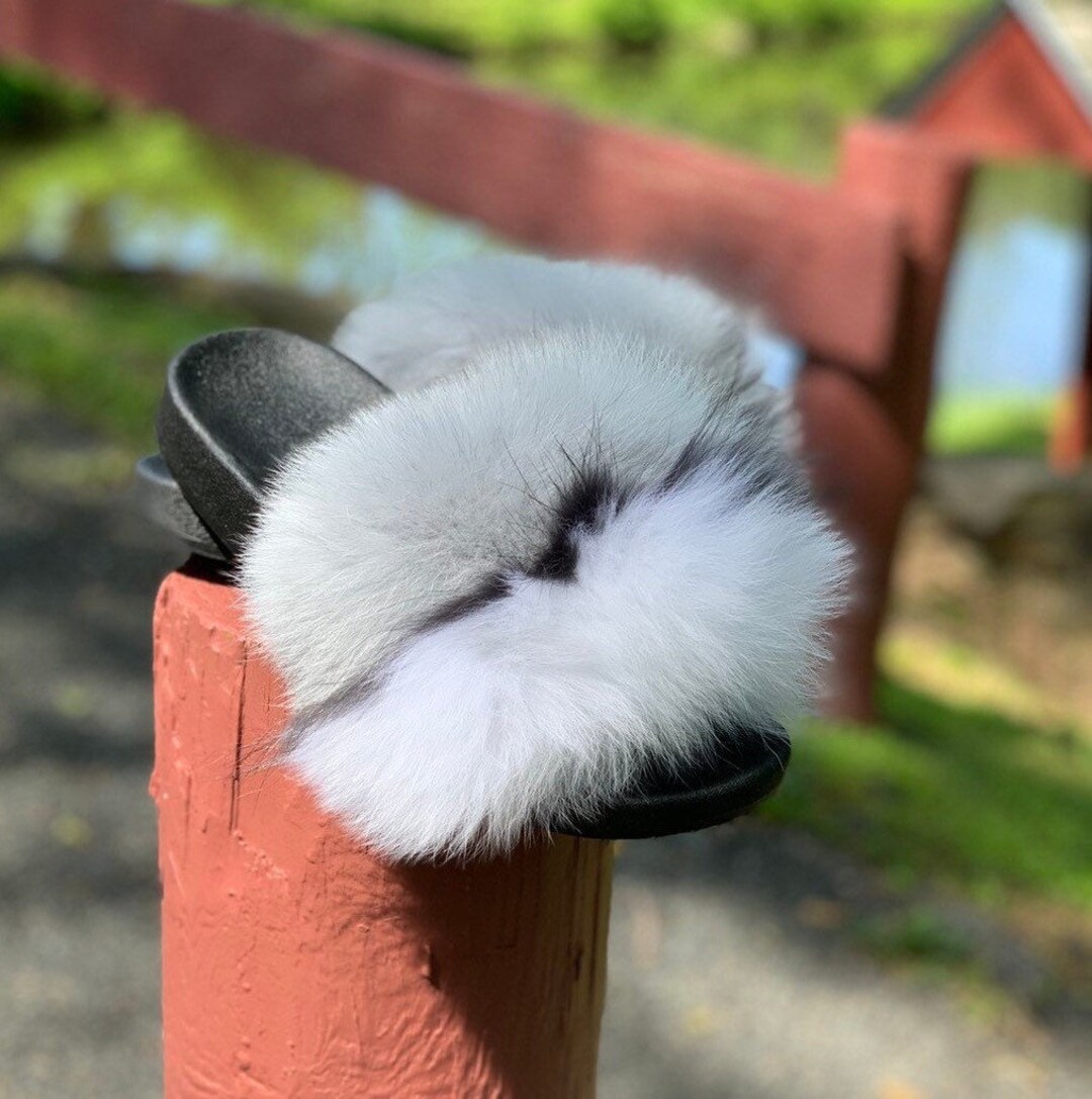 Fox Fur Slides Sandals Slippers Available in Many Colors - Grey / White ...