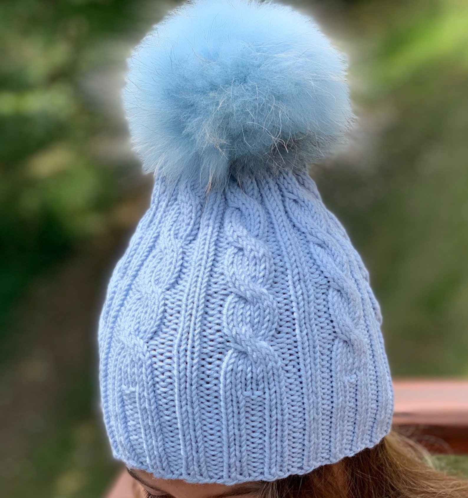 Cable Knit Ribbed Baby Blue Beanie Fur Pompom Hat - 100% Wool Hat ...