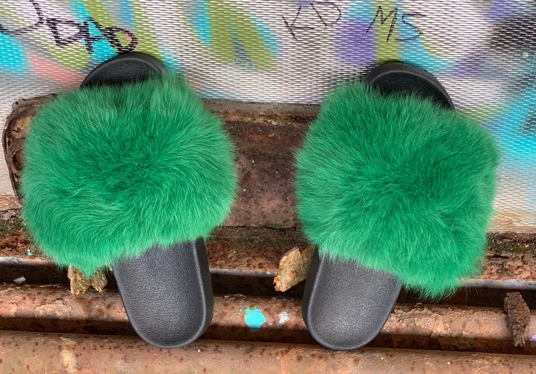 Fox Fur Slides Sandals Slippers Available in Many Colors Green SIZE 6 ...