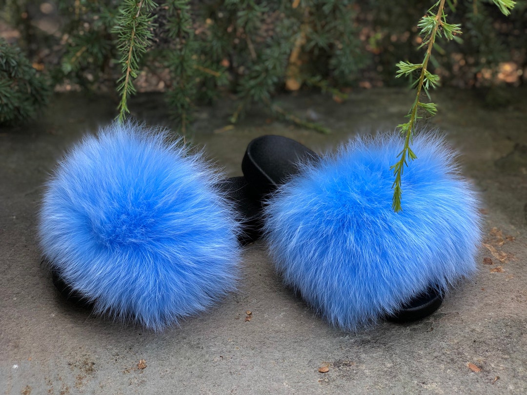 Fox Fur Slides Sandals Slippers Available in Many Colors - Blue- SIZE 6 ...