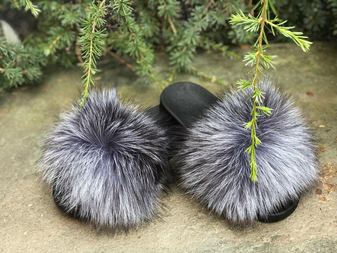 Fox Fur Slides Sandals Slippers Available in Many Colors - Silver Fox ...