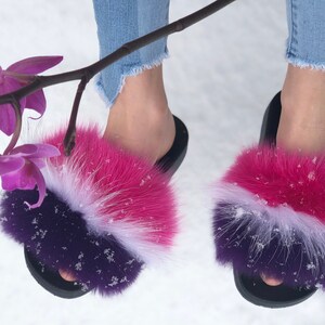 Fox Fur Slides Sandals Slippers Available in Many Colors - Bright Pink ...