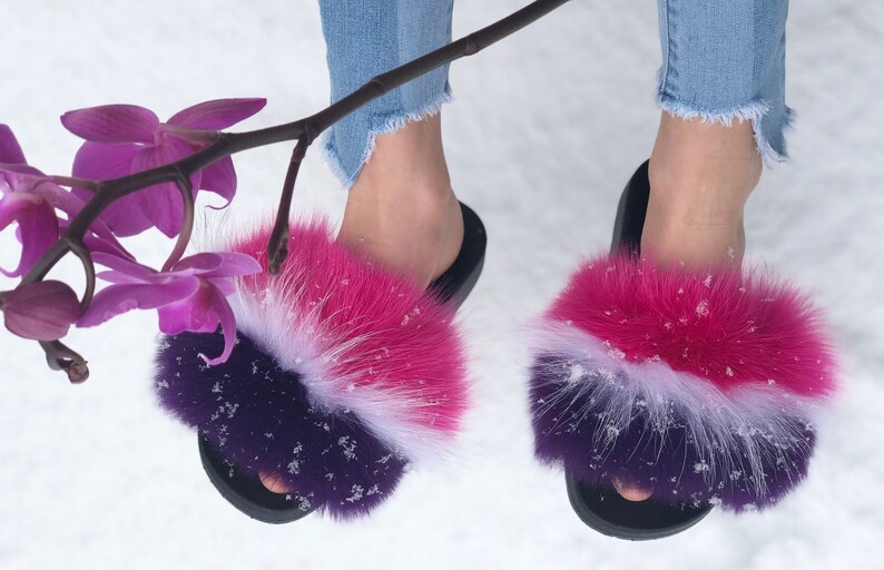 Fox Fur Slides Sandals Slippers Available in Many Colors - Bright Pink ...