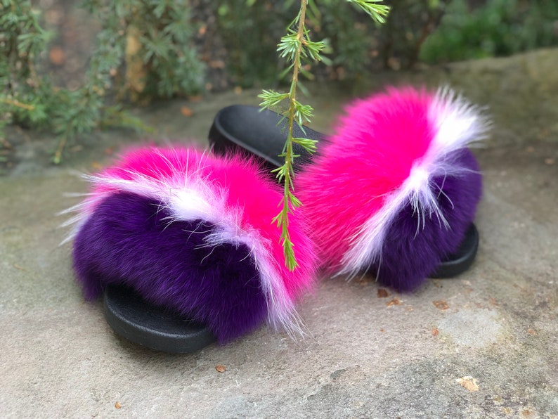 Fox Fur Slides Sandals Slippers Available in Many Colors - Bright Pink ...