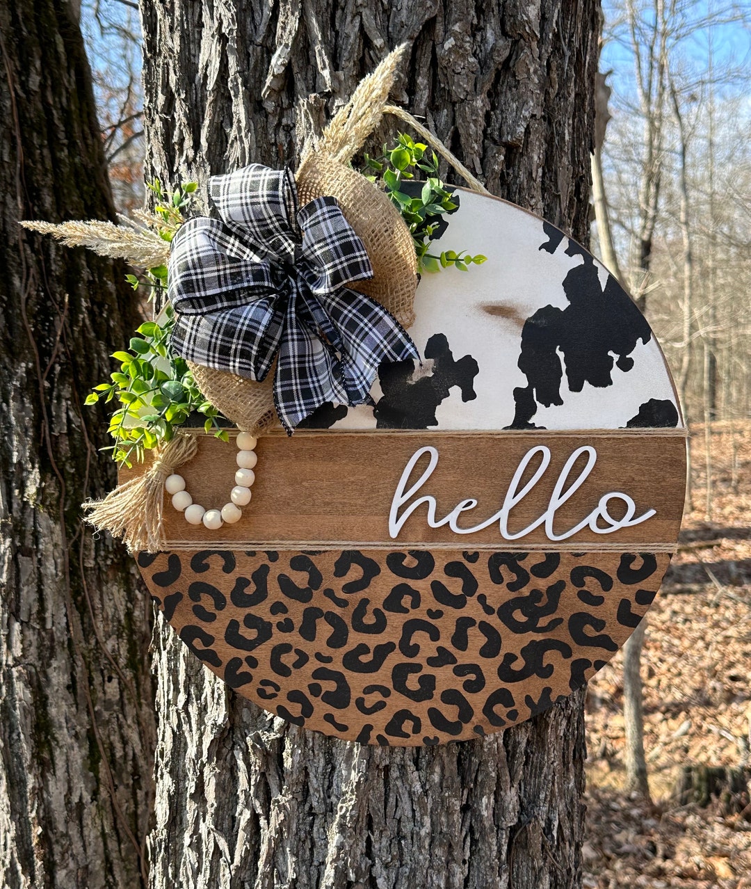 Cow Print With Leopard Welcome Door Hanger, Farmhouse Door Hanger ...