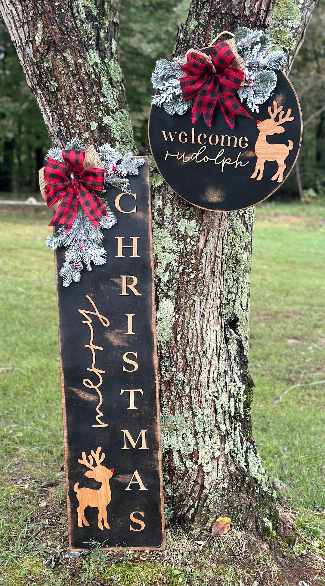 Set of 2 Christmas Rudolph Front Door Wreath AND Leaner, Welcome Front ...