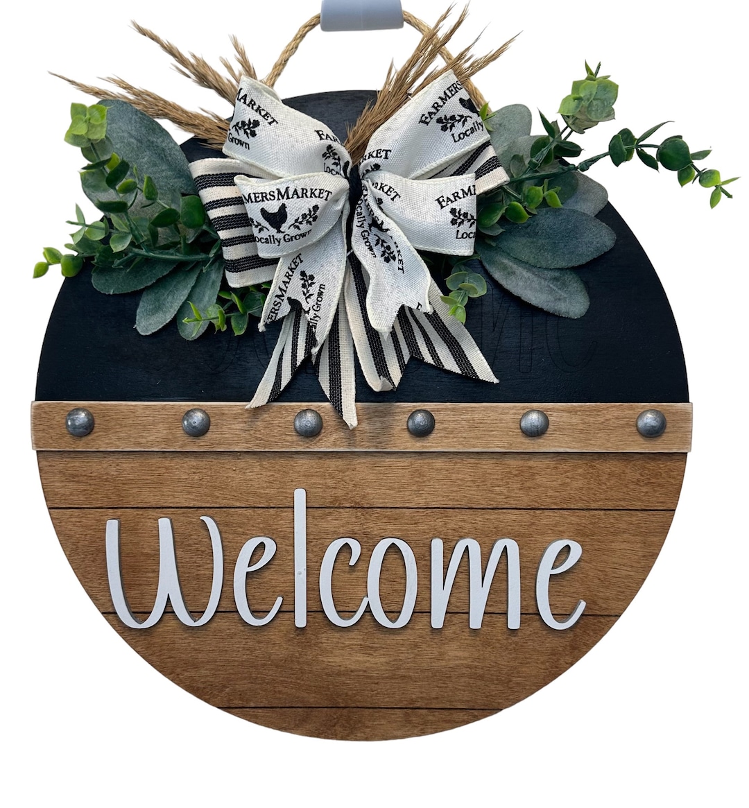 Farmhouse Welcome Door Hanger: Faux Whiskey Barrel Lid Decor - Etsy