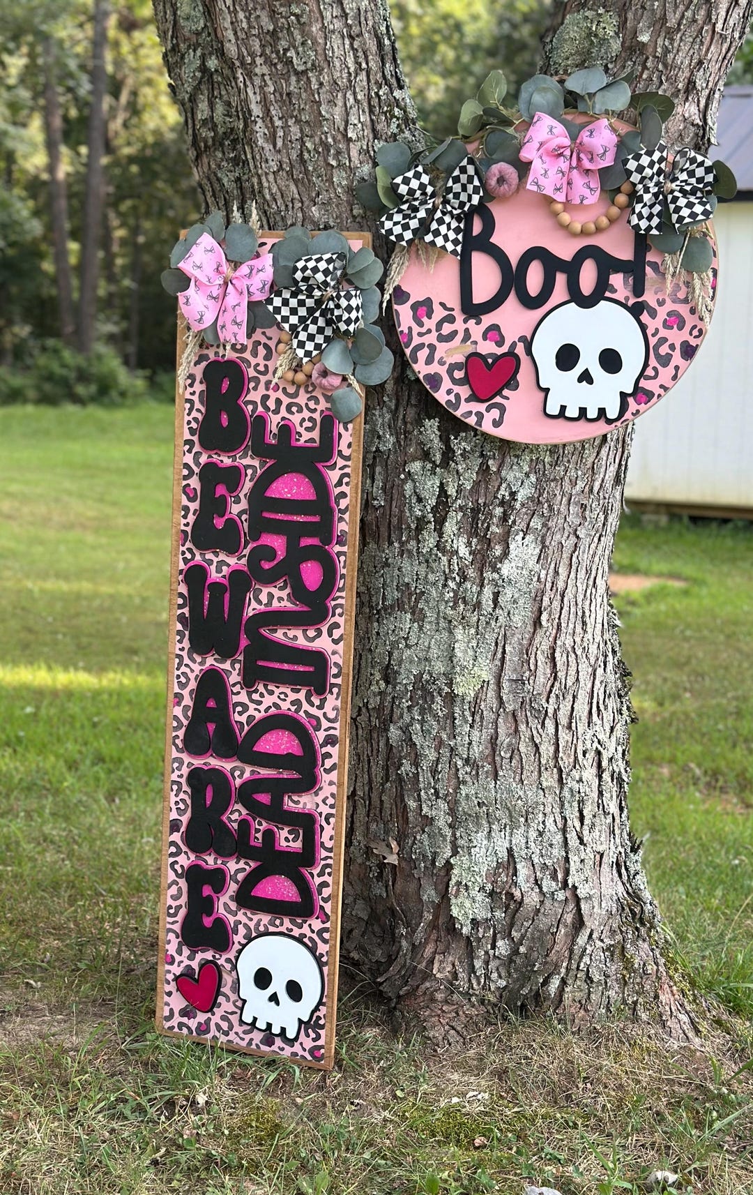 Leopard Skeleton Halloween Door Hanger Set: Front Door Wreath & Porch ...