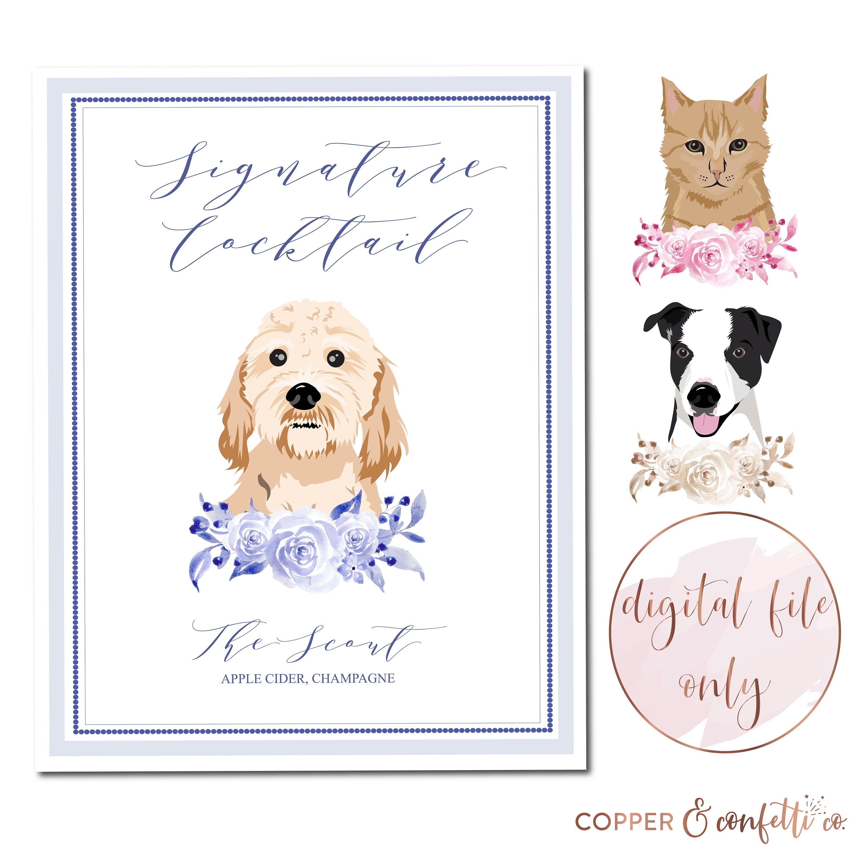 Custom 1 Pet Illustration Signature Drink Sign Watercolor | Etsy