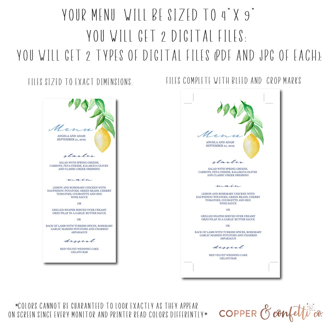 Mediterranean Wedding Menu With Watercolor Lemon, Printable Menu ...