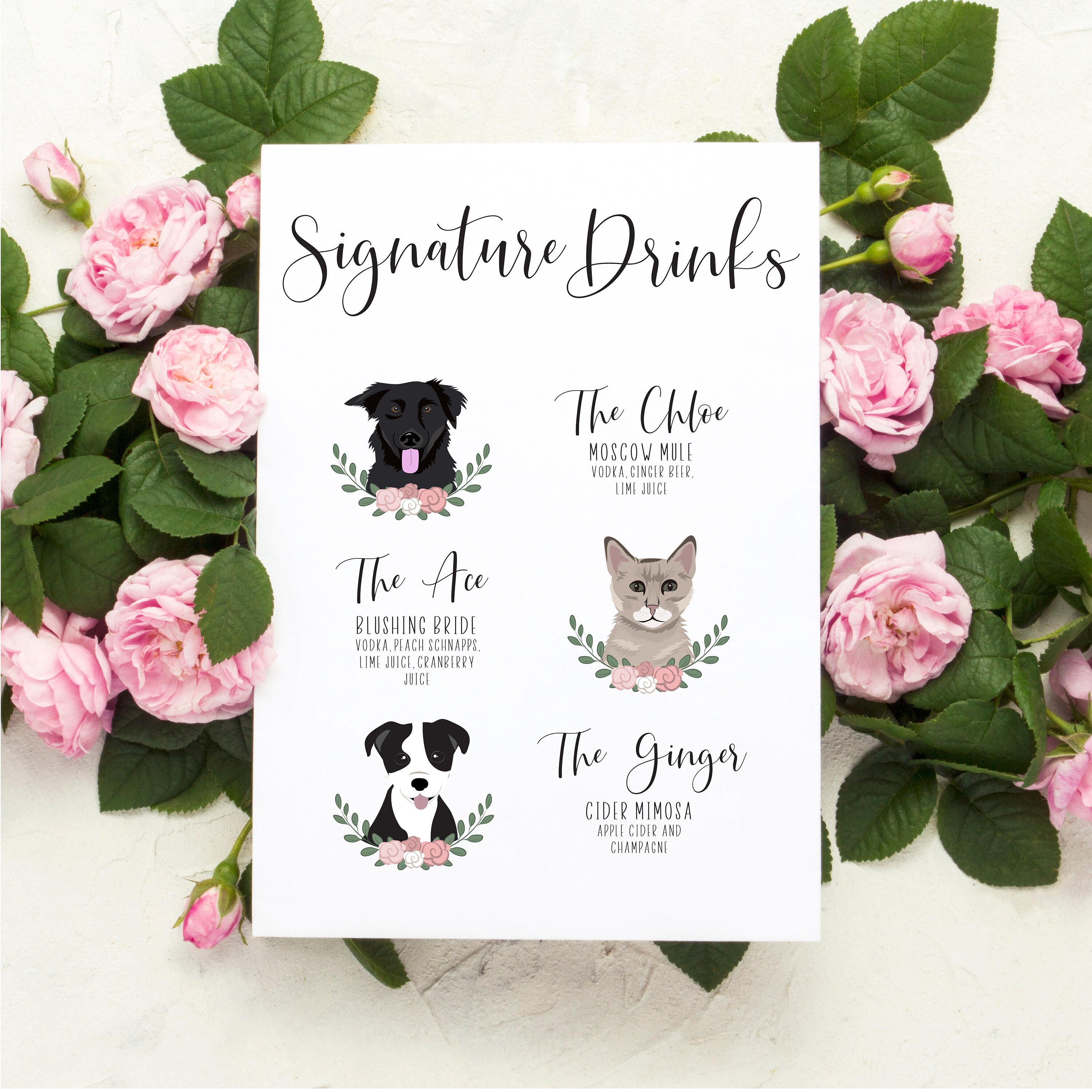 Custom 3 dog illustration signature drink sign print at home | Etsy