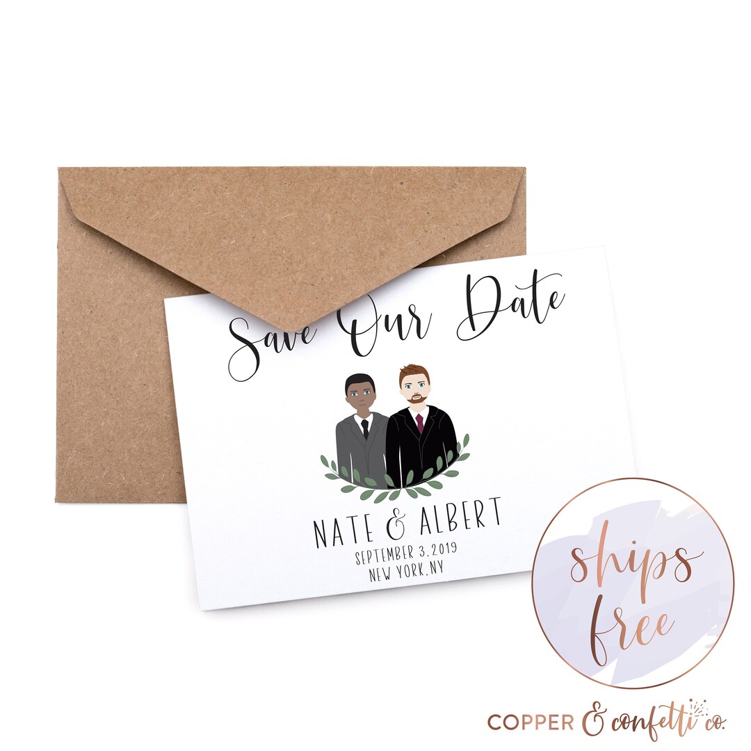 Illustrated Two Grooms Portrait Save the Date Gay Save the - Etsy
