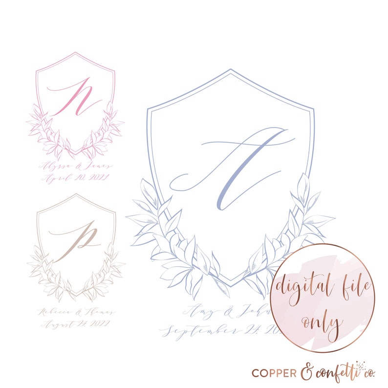 Simple wedding crest with greenery classic monogram digital | Etsy