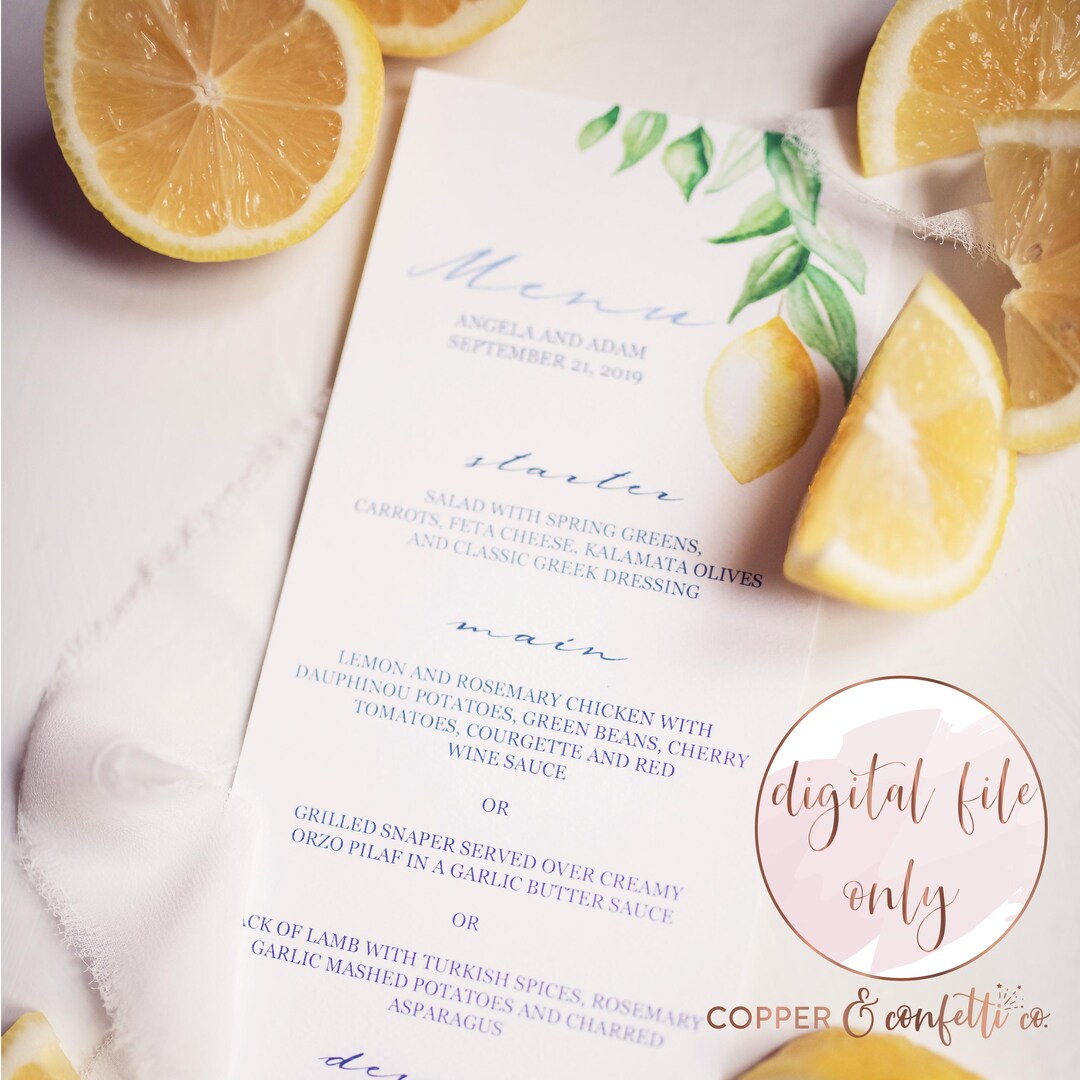 Mediterranean Wedding Menu With Watercolor Lemon, Printable Menu ...