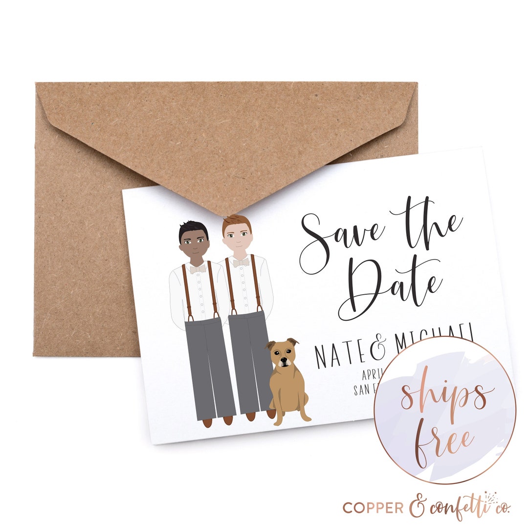 Illustrated Gay Portrait Save the Date, Gay Save the Date, Gay Wedding ...