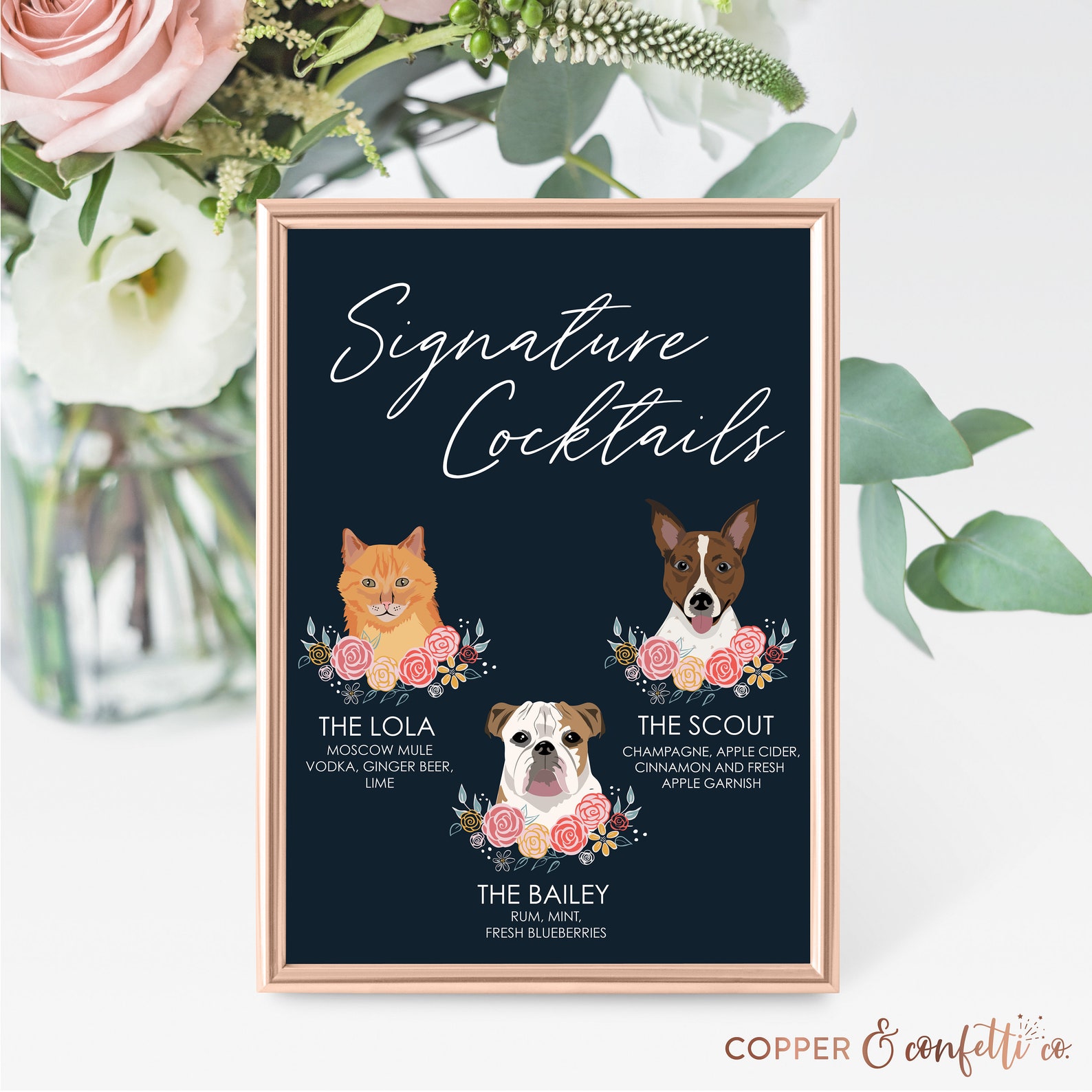 Custom 3 Pet Illustration Signature Drink Sign, Print at Home, Digital ...
