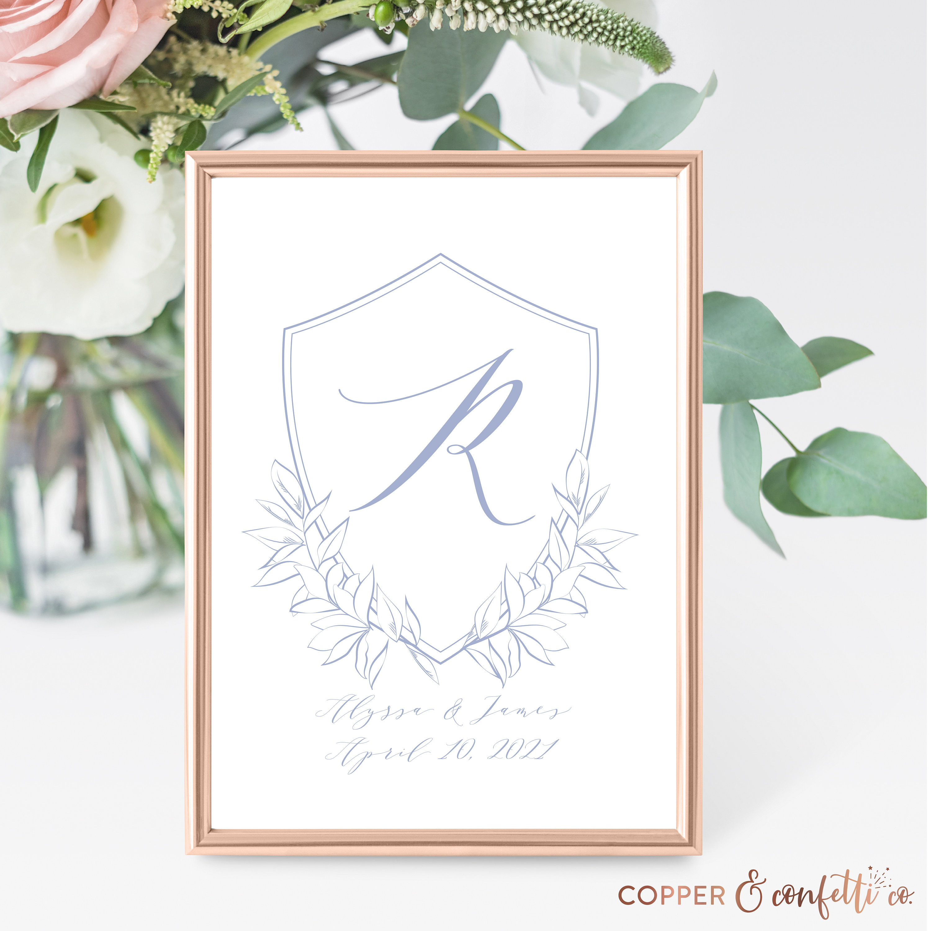 Simple Wedding Crest With Greenery Classic Monogram Digital - Etsy
