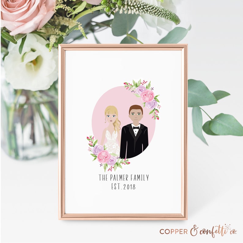 Custom Illustrated Couple Portrait, Family Est Sign, Cartoon Couple ...