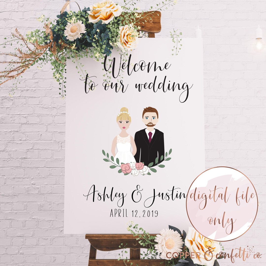 Custom Portrait Wedding Welcome Sign, Bridal Illustration, Bride and ...