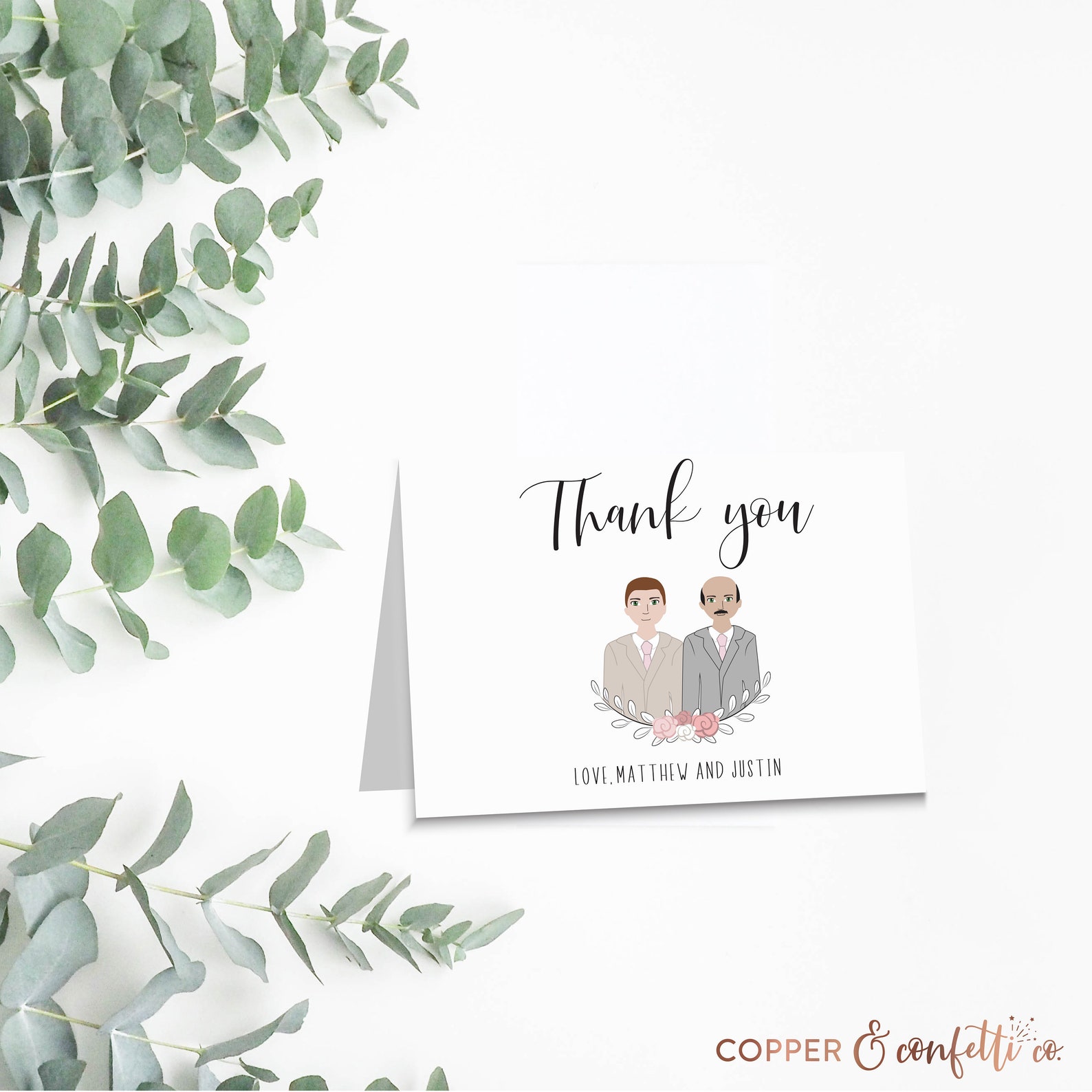 Custom Two Grooms Thank You Card, Digital Download, Couple Cartoon, Gay ...