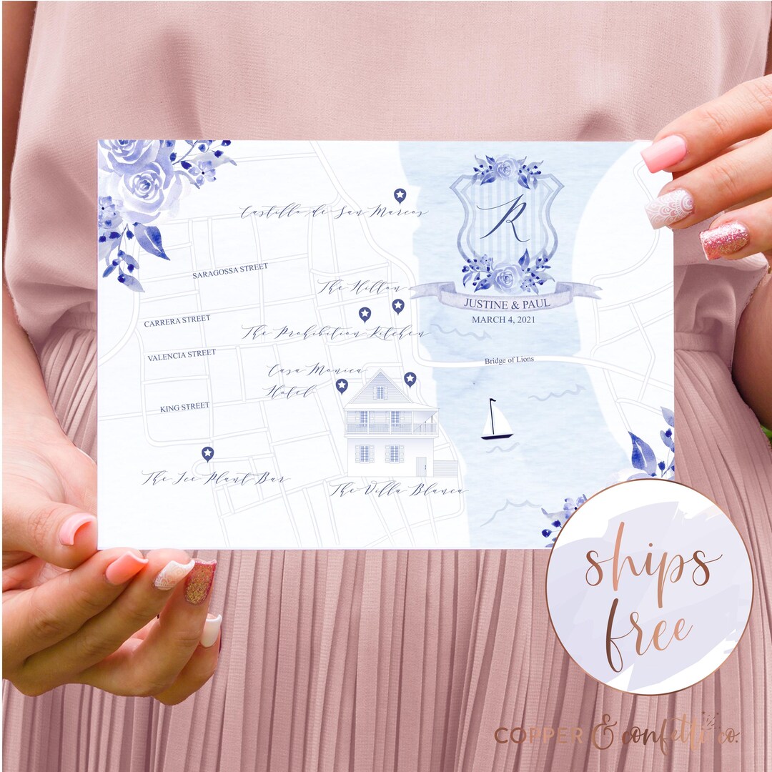 Custom Wedding Map, Blue and White Wedding, Save the Date Map - Etsy