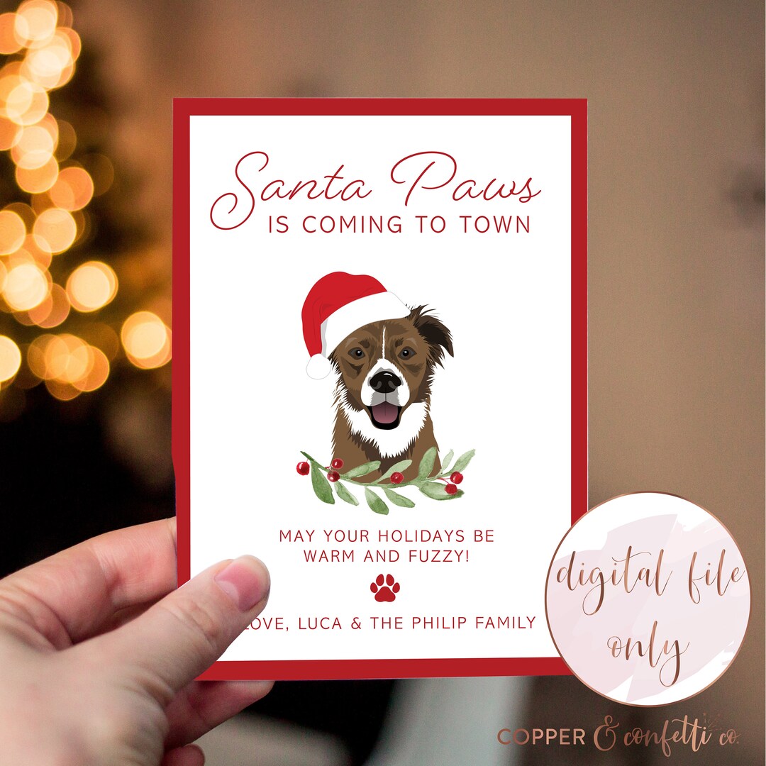 Custom Santa Paws Pet Portrait Holiday Card, Dog Christmas Card, Cat ...