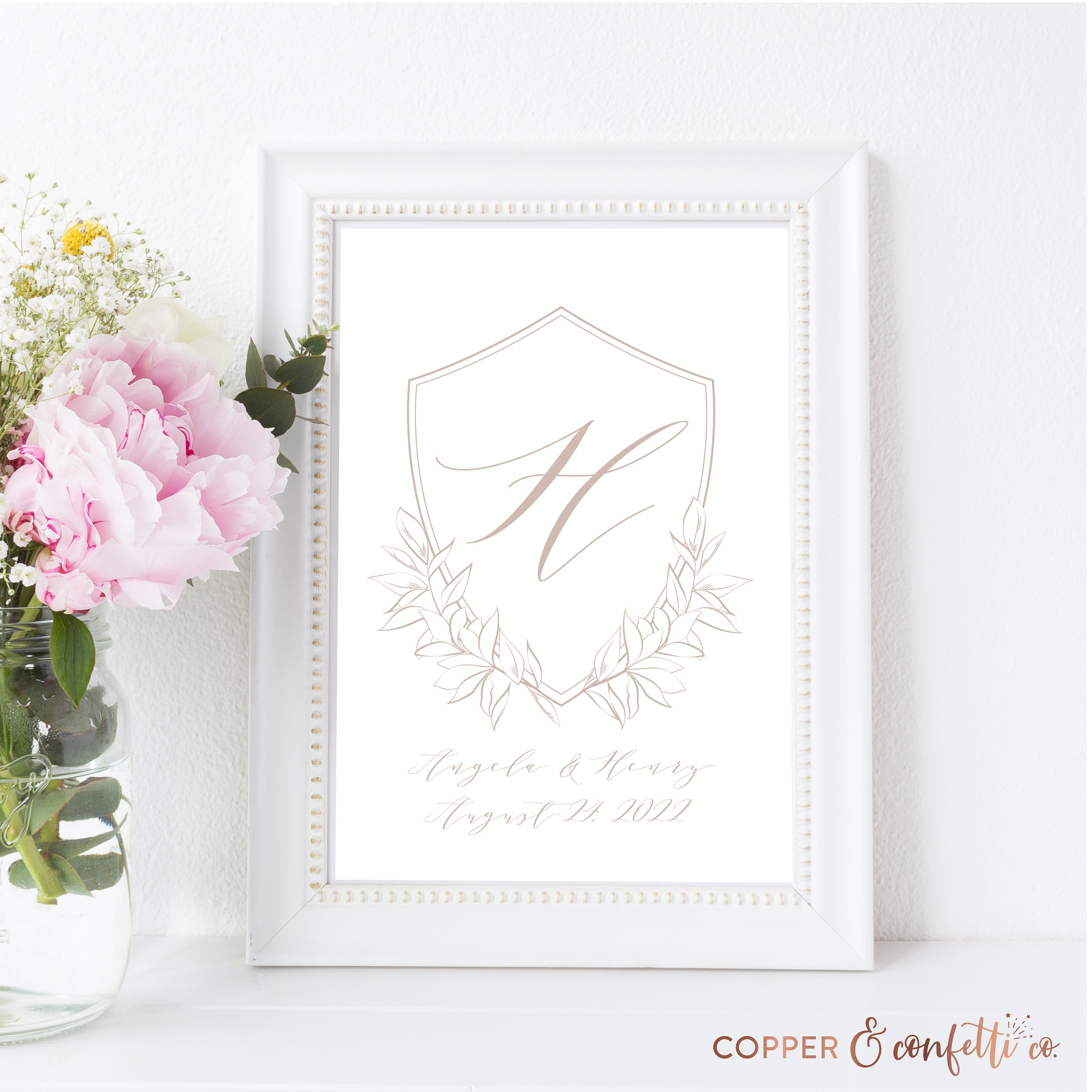 Simple Wedding Crest With Greenery Classic Monogram Digital - Etsy