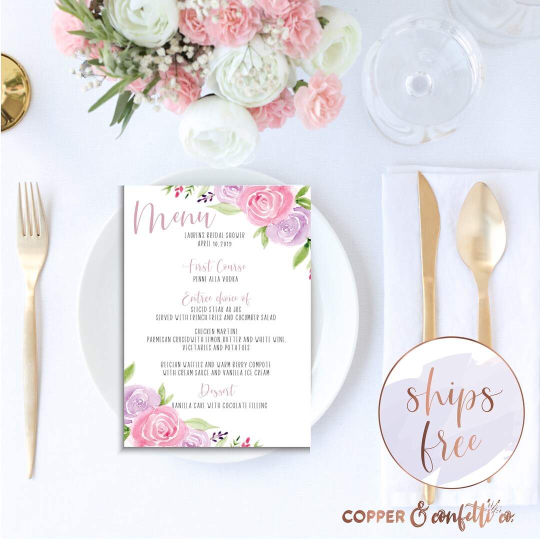 Bridal Shower Menu With Watercolor Roses, Personalized Menus, Boho ...