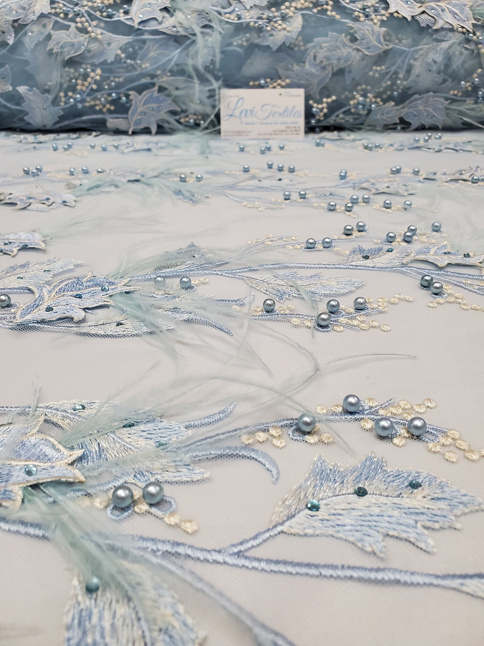 Baby Blue Feather Embroidery With 3D Applications, Pearls, Stones ...